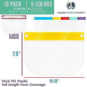 TCP Global Salon World Safety Kids Face Shields (Pack of 10) - 5 Colors, 2 of Each - Clear Protective Children's Full Face Shields to Protect Eyes, Nose, Mouth - Anti-Fog PET Plastic, Elastic Headband