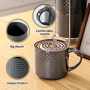 Hasense Coffee Mugs Set of 4 with Stand, 15 oz Porcelain Stackable Coffee Cups Set with handle for Tea, Latte, Milk and Cappuccino, Grey Embossed Tea Cups Set with Geometric Patterns for Men and Women