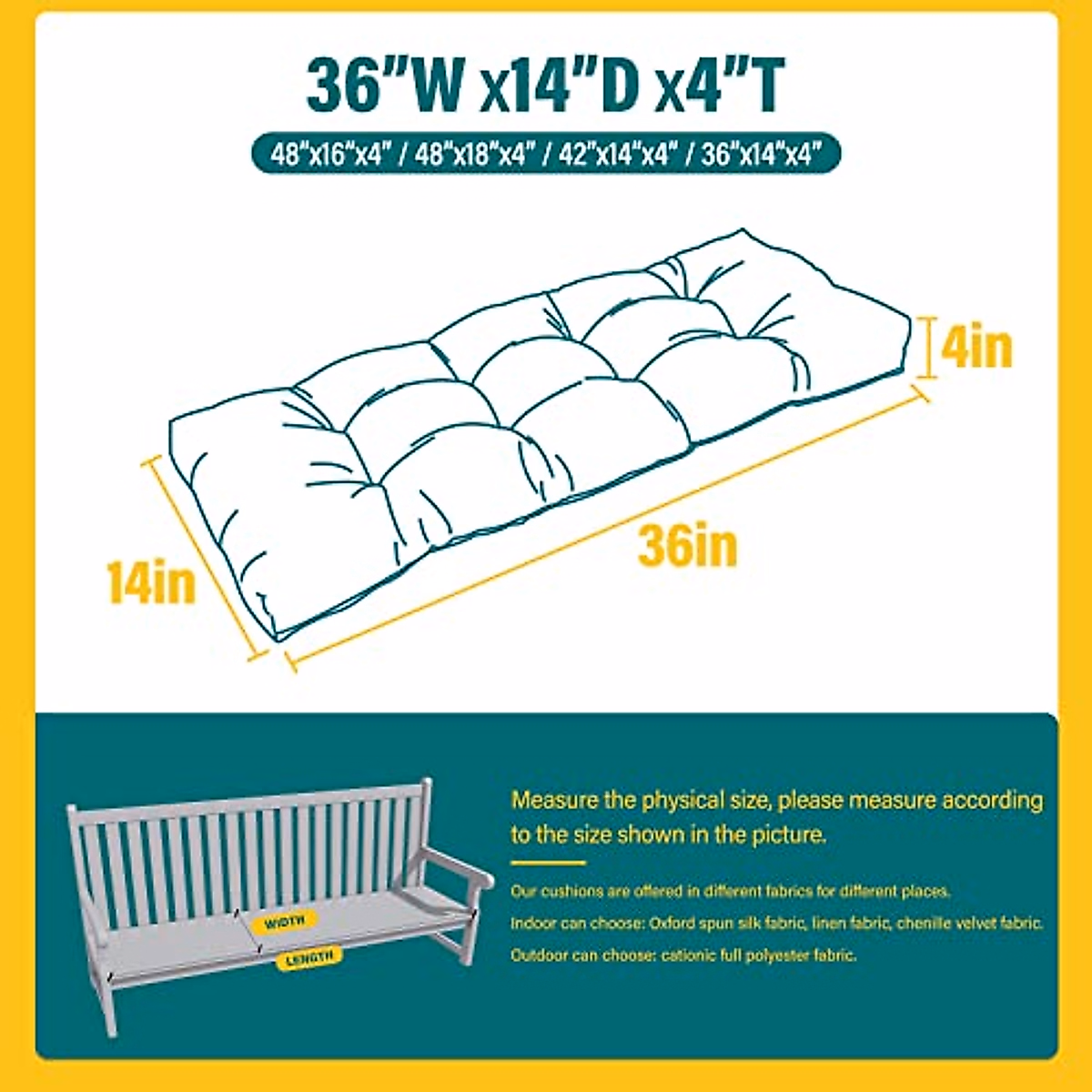 mudilun Bench Cushion,Indoor Anti-Slip Patio Seat Cushion, Kitchen Furniture Chair Cushions for Floating Windows, Rocking Chairs, Dining (36x14x4, 【Chenille】 Drak Grey)