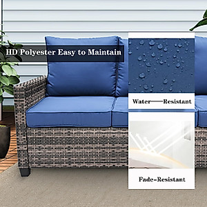 Outdoor Patio Sofa Set 3 Seat Couch, All Weather Comfort Rattan sofa with High Back and Navy Blue Cushions,Outdoor Sofa Set Furniture with Premium Brown Wicker for Garden, Backyard, Porch,Dark Blue