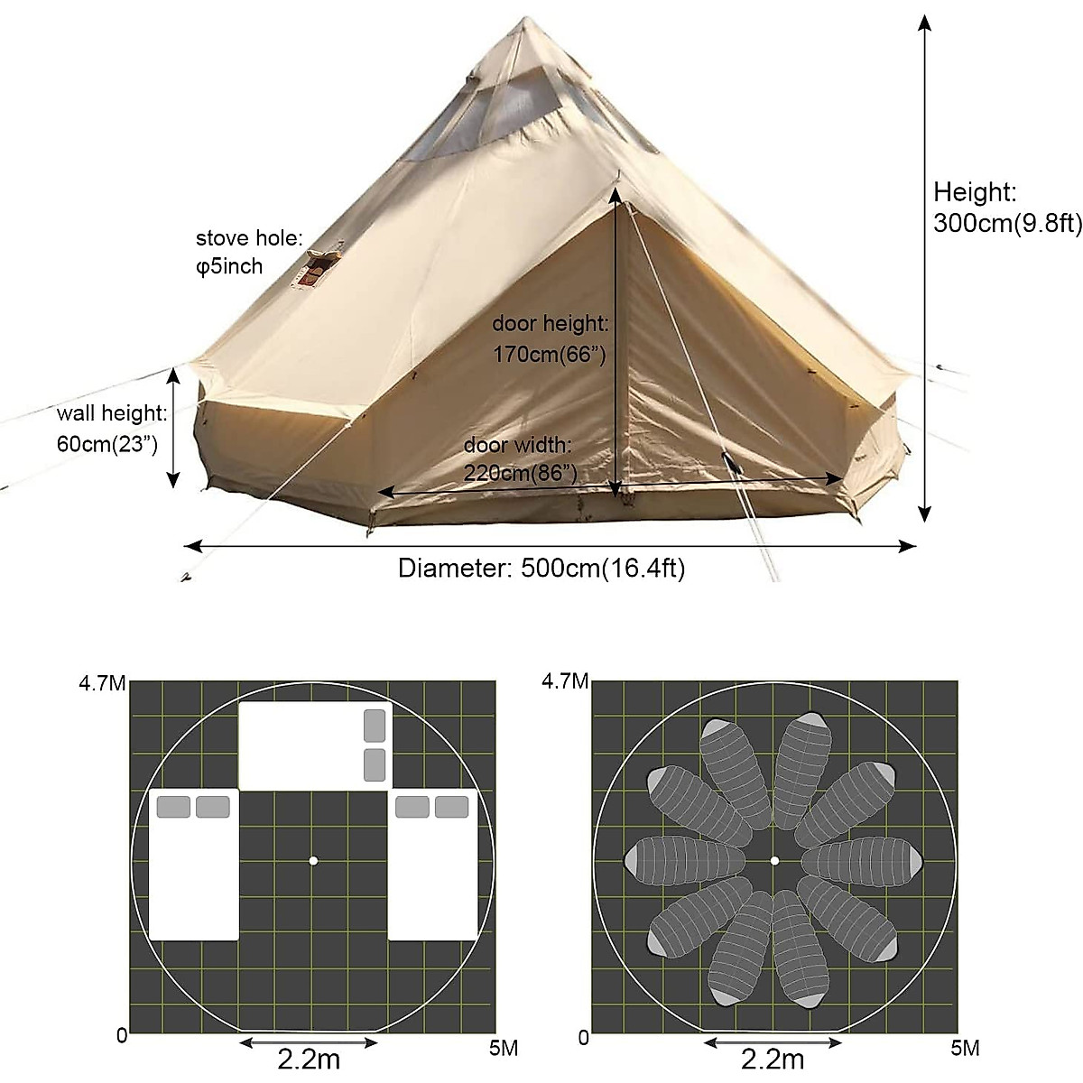 UNISTRENGH 5M Star Gazer Bell Tent 4 Season Waterproof Cotton Canvas Glamping Yurt Tent with Stove Jack Hole and Roof Windows for 6-8 Persons Camping Hunting