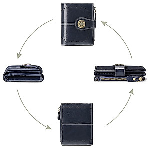 Wallets for Women Small Bifold RFID Blocking Genuine Leather Wallet Vintage Zipper Short Card Holder Ladies Purse Elegant Clutch with ID Window (Dark Blue)