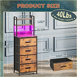 Nightstand 4 Drawer Dresser with LED Lights, Charging Station, Vertical Side Table with Fabric Drawers, End Table with 3 Open Shelves, Tall Dresser for Bedroom, Hallway, Entryway, Rustic Brown