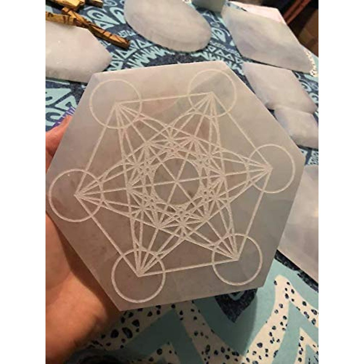 6" Hexagon Selenite Charging Plate, Metatrons Cube Grid, E1017, Sacred Geometry, Crystal Grid