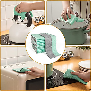 JIFOVER 12-Pack of Dish Towels for Kitchen Premium Dishcloths, Super Absorbent Coral Velvet Dishtowels, Nonstick Oil Washable Fast Drying - Green & Grey. (12 Pack/Set)