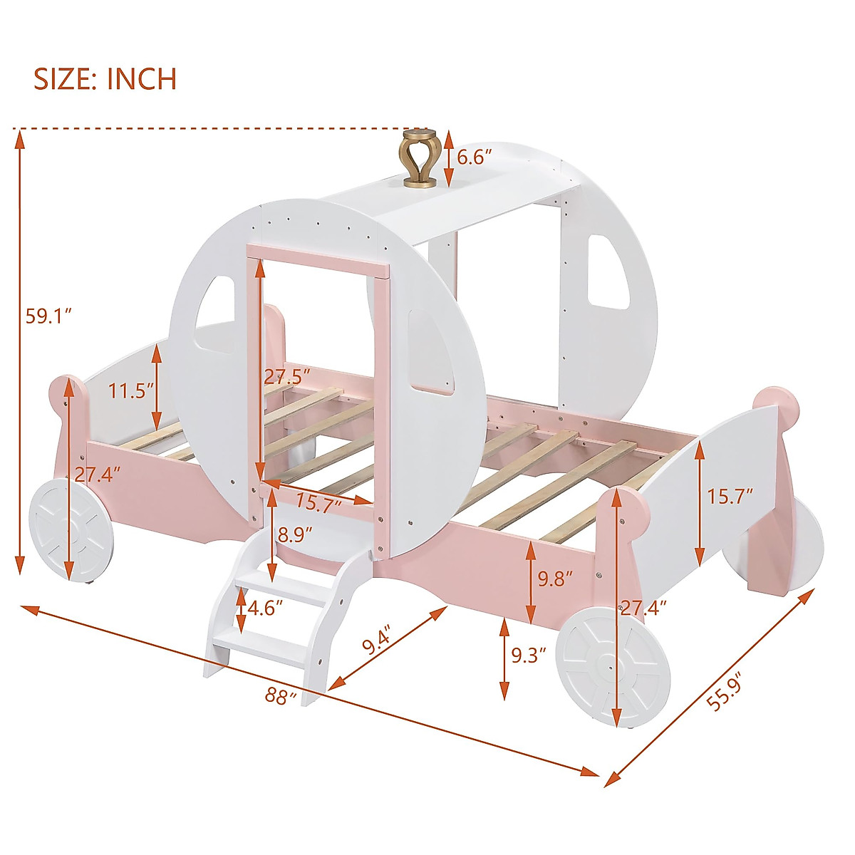 DEINPPA Twin Size Princess Bed with Crown, Wood Carriage Shaped Platform Car Bed with Stair, for Kids Girls Toddler, White+Pink