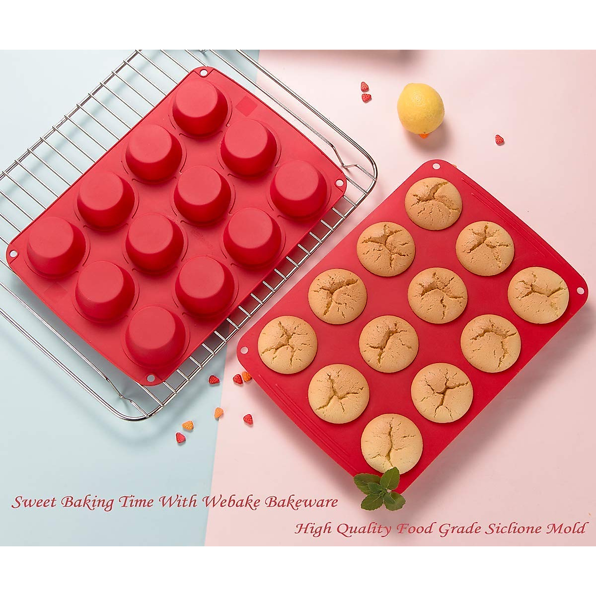 Webake Muffin Pan 12 Cup, European Silicone Cupcake Pan, Nonstick Muffin Tray Cupcake Liner Egg Muffin Tin, 2 Pack Baking Molds Silicone Bakeware