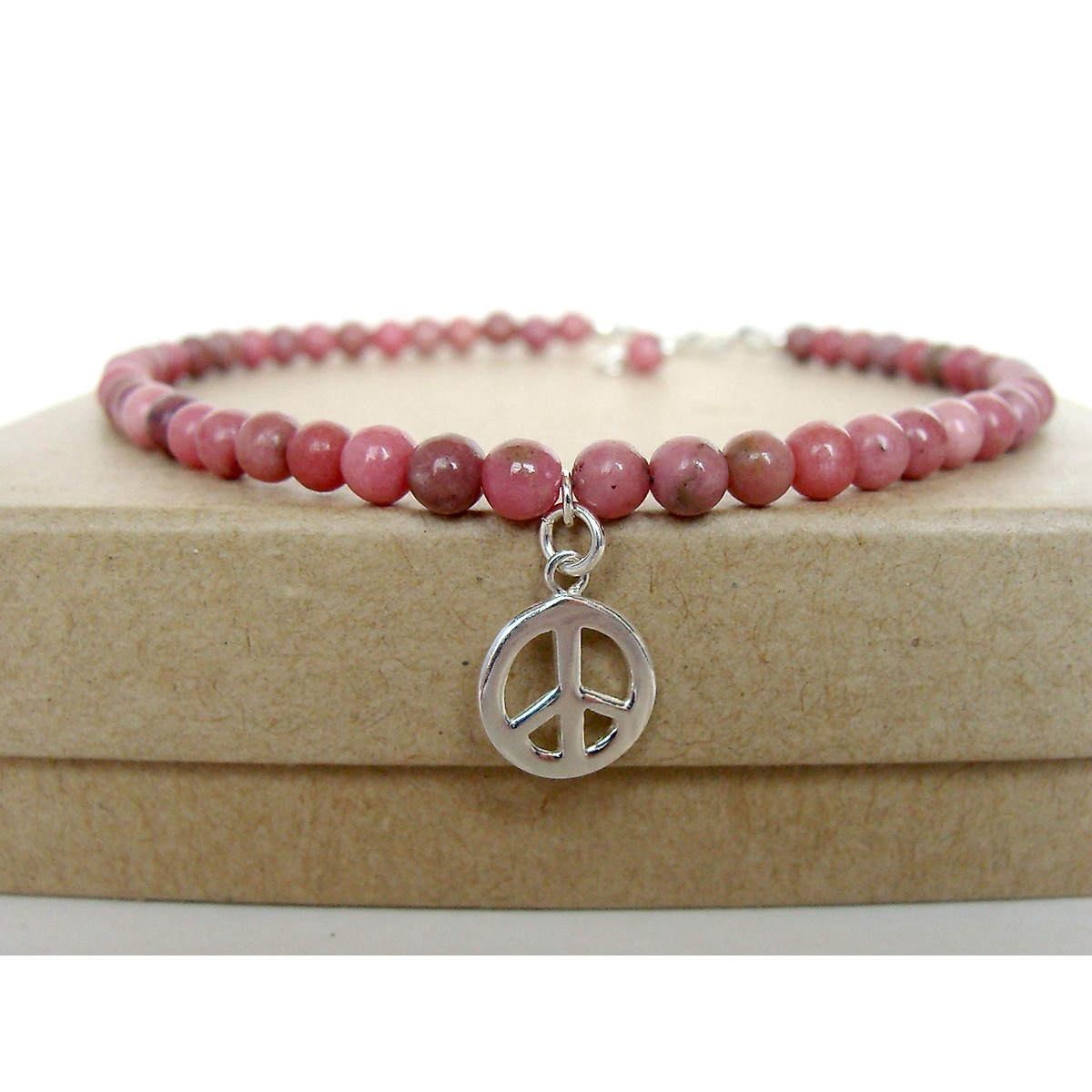 Peace charm anklet, dusty pink rhodonite stones sterling silver, adjustable length 9-10 inches, handmade by Let Loose Jewelry