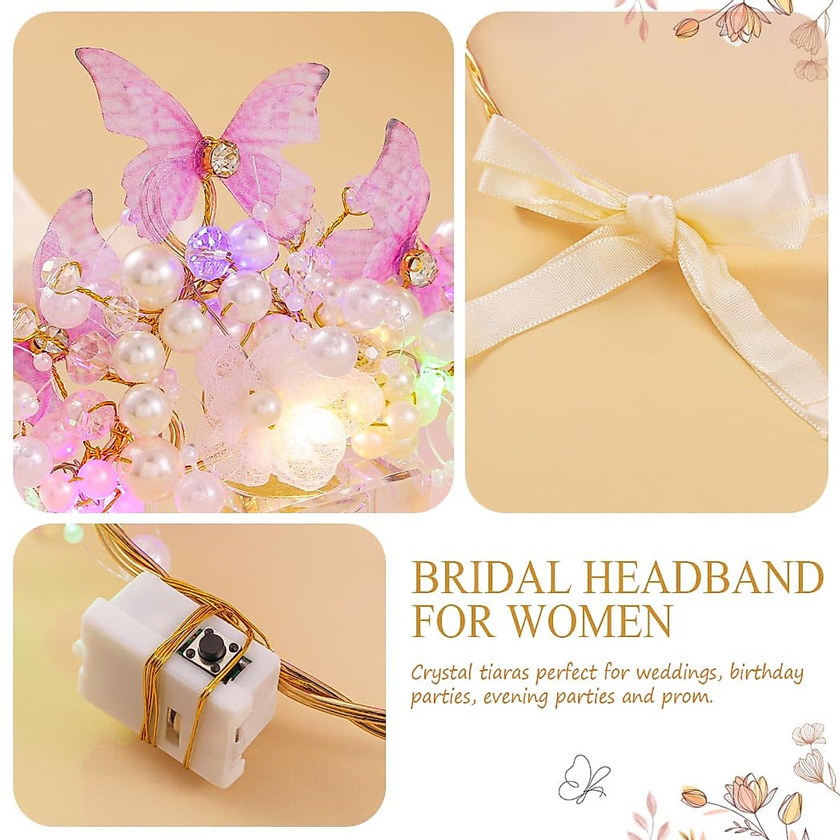 Yean Light up Butterfly Fairy Headband Pearl Princess Tiara LED Crystal Festival Hair Accessories for Women and Girls