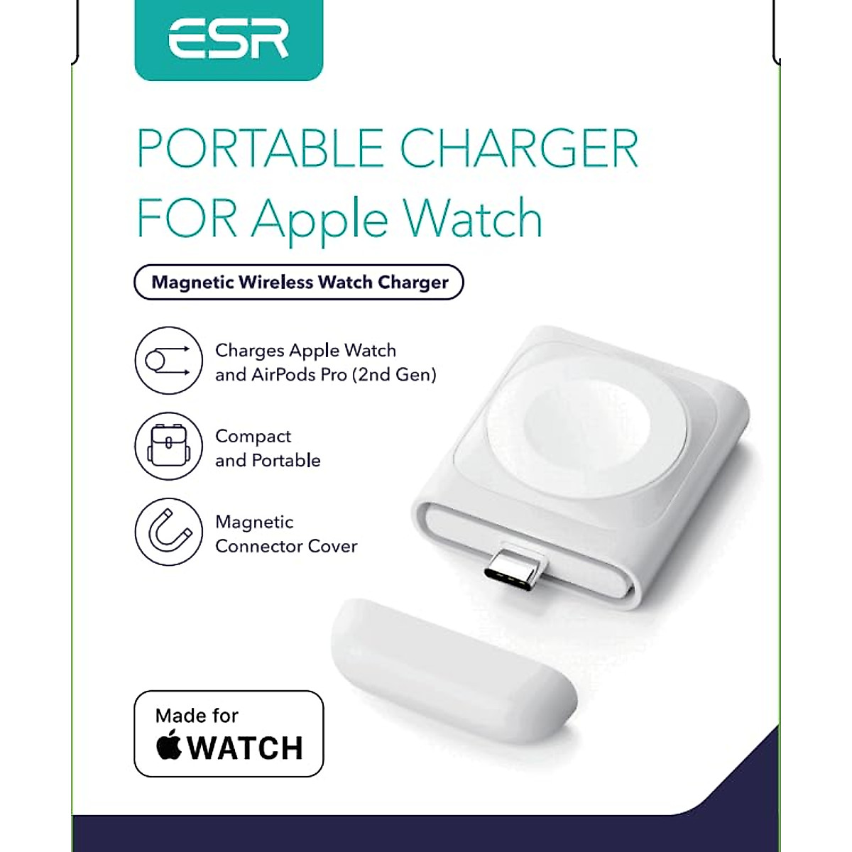 ESR Portable Charger for Apple Watch, Certified Made for Apple Watch, Small and Portable, Magnetic Cover, Fast Magnetic USB-C Charging for Apple Watch Ultra, Series 8/7/6/5/4/3/2/1, and SE