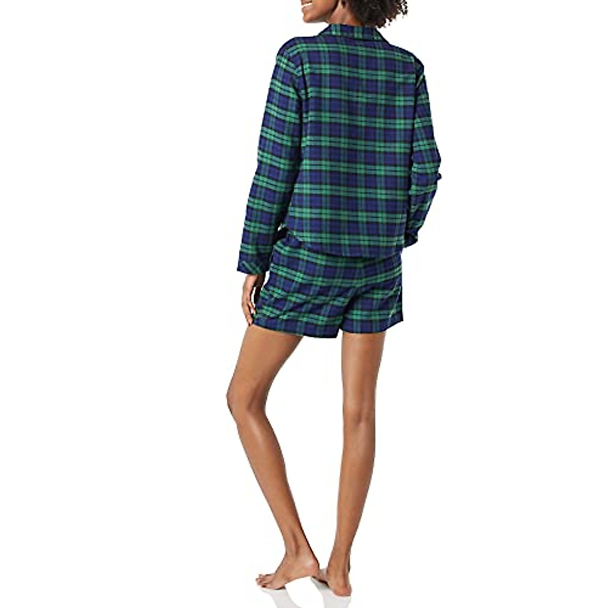 Amazon Essentials Women's Lightweight Woven Flannel Pajama Set with Shorts, Dark Green Navy Blackwatch Plaid, Small