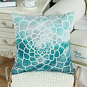 Pack of 2 CaliTime Cozy Fleece Throw Pillow Cases Covers for Couch Bed Sofa Manual Hand Painted Print Colorful Dahlia Compass 20 X 20 Inches Teal