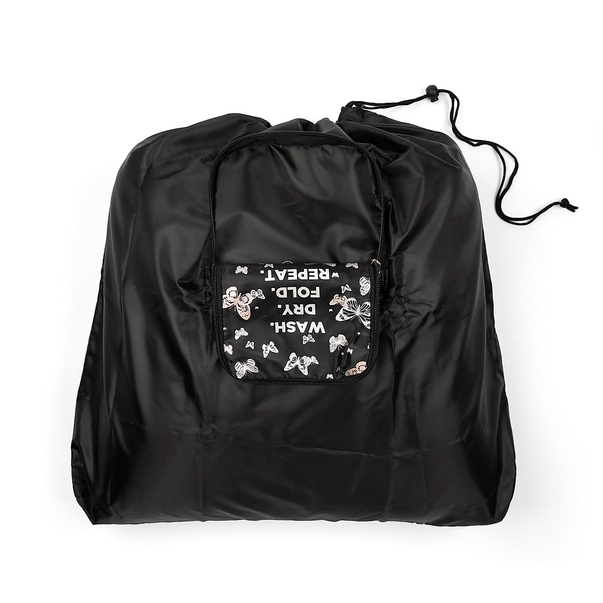 MIAMICA Miamica Foldable Travel Laundry Bag, Black Butterfly, Wash, Dry, Fold, Repeat, 21'' x 22'' – Lightweight, Durable Design with Drawstring Closure