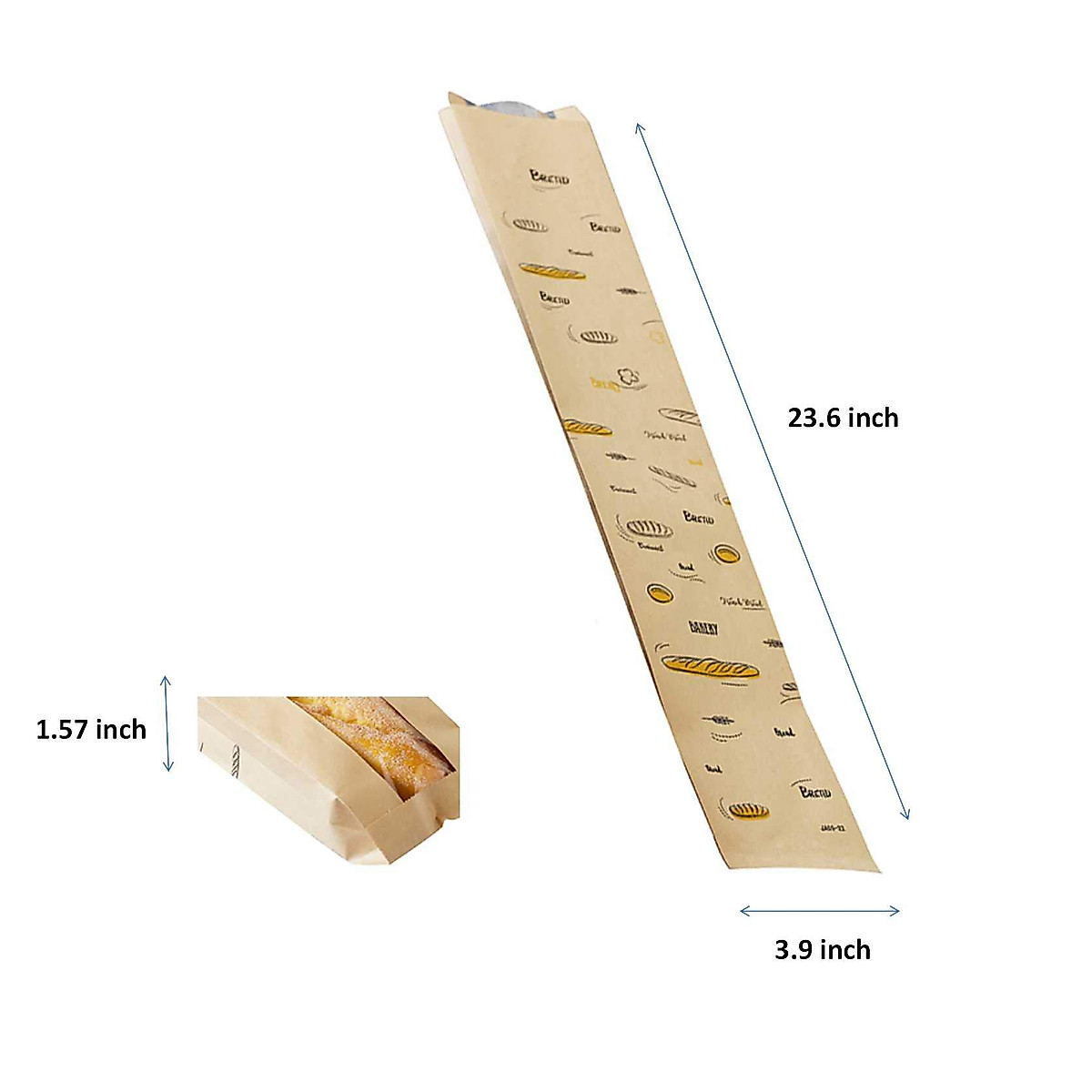 24 Pack Baguette Bread Fresh Kraft Paper Bag, Bread Loaf Packing Bags with Front Breathable Hole Window (4"x 1.6"x 23.6") and 24 PCS Seal Sticker