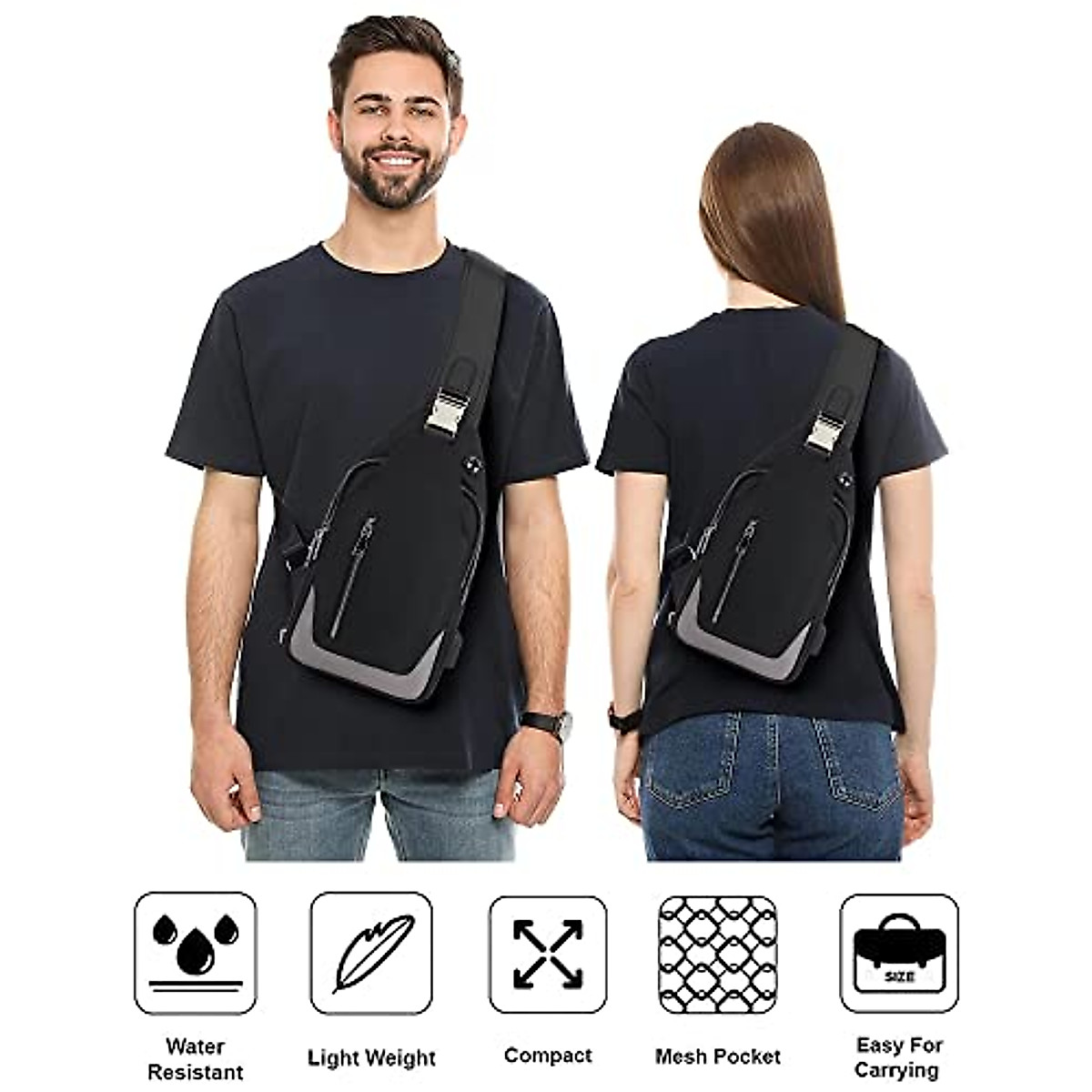 SEAFEW Small Black Tactical Sling Bag Crossbody Backpack Shoulder Bag for Men Women, Daypack Anti-Theft Cross Body Motorcycle Chest Bags, One Strap Backpack for Walking Biking Travel Cycling