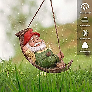 TERESA'S COLLECTIONS Cute Garden Gnomes Decorations for Yard Hanging Statues Outdoor Gifts, Sleepy Gnome in Swing Leaf Hammock Resin Tree Ornaments Figurines for Stump Branch Lawn Patio Decor, 7.4"