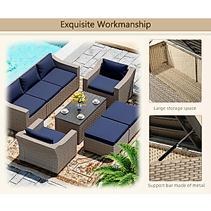 LHBcraft Patio Conversation Set Rattan Outdoor 8 Piece Sectional Furniture Sofa Set Wicker Couch with Coffee Table and Cushions for Poolside, Backyard