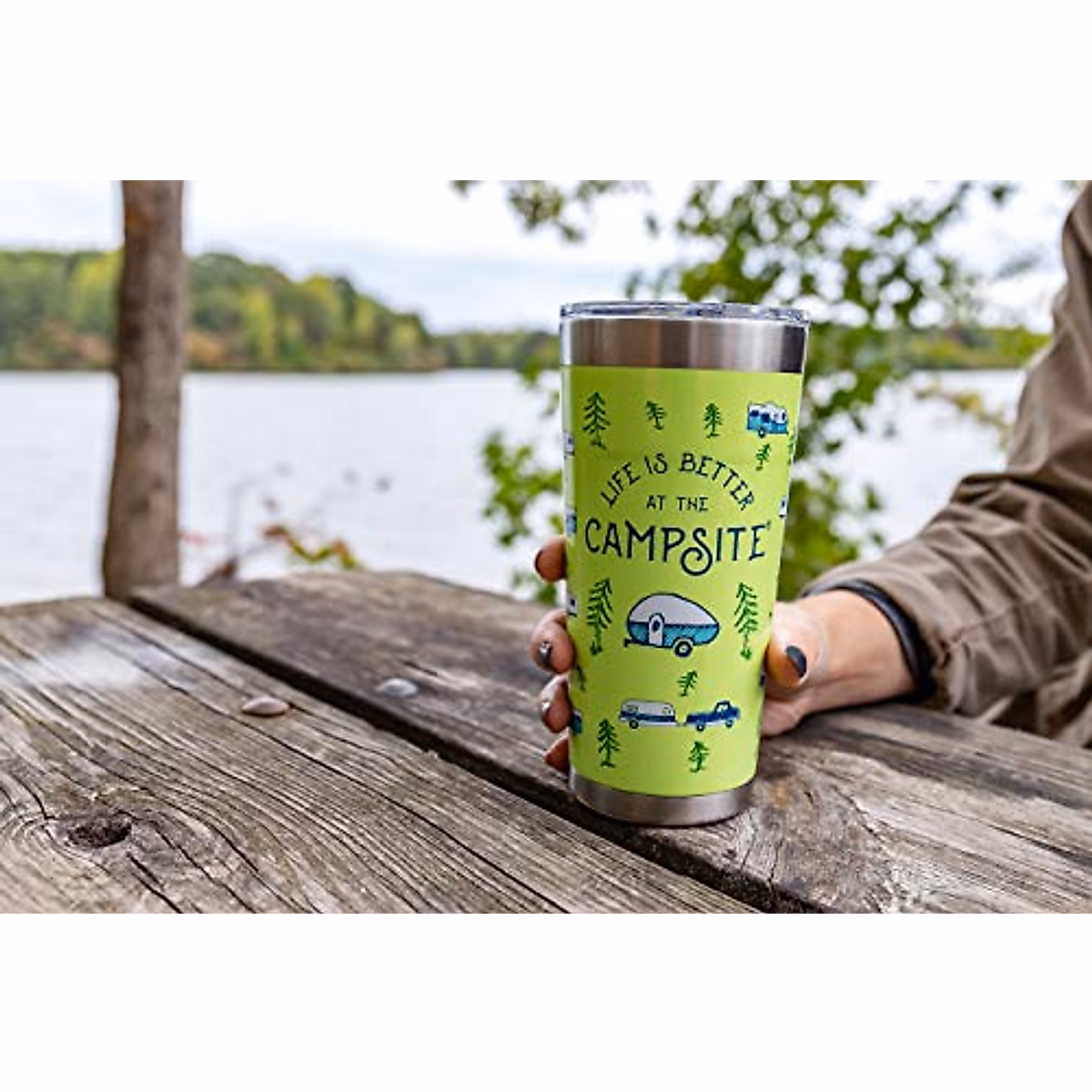 Camco Life is Better at The Campsite 20 oz. Printed Tumbler - Offers Superior Ice and Heat Retention - Features an RV Sketch Pattern on a Green Background (53321)