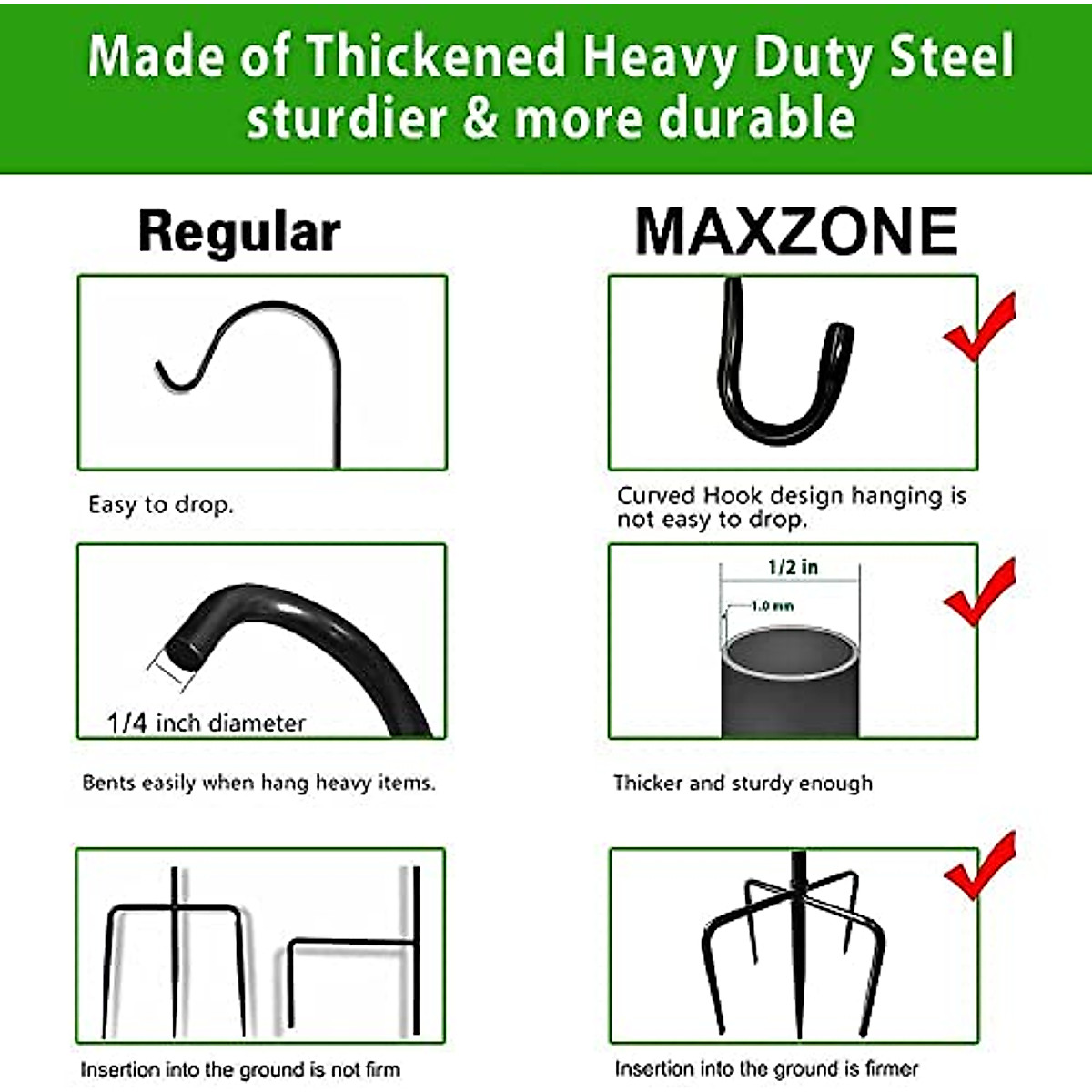 MAXZONE Outdoor Shepherd Hook with 5 Prong Base, Bird Feeder Pole Stand, Adjustable Heavy Duty Garden Hanging Stake for Solar Light Plant Hanger Wedding Decor, Matte Black (48in- 2Pack)