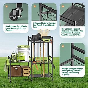 NAVOROGE Garden Tool Organizer for Garage,Yard Tool Holder with Wheels,Multifunctional Tool Storage Rack with 5 Hooks,for Garden Shed Garage Yard Basement Lawn,Up to 35 Long-Handled Tools,Black
