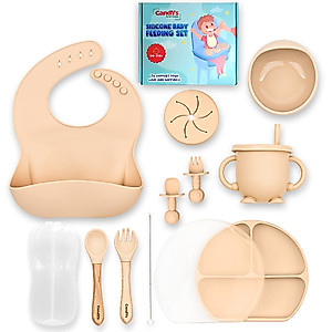 Baby Led Weaning Supplies Silicone Baby Feeding Set–11Pcs Baby Feeding Supplies with Suction Bowl and Plate, Fork, Spoon, Bib, Sippy Cup, Food-Grade Silicone Baby Utensils (Beige)