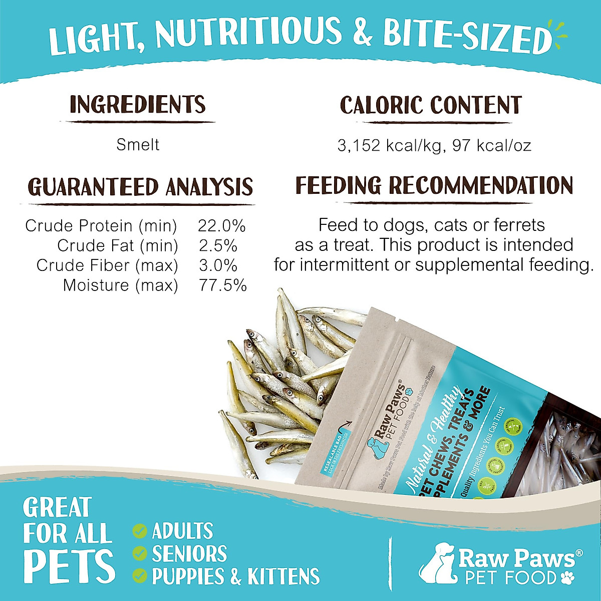 Raw Paws Wild-Caught Smelt for Dog & Cats, 8 lb - Made in USA - Natural Smelt Fish for Dogs - Fish Treats for Cats - Raw Frozen Whole Smelt Treats for Dogs - Fish Snacks for Dogs - Raw Fish for Cats