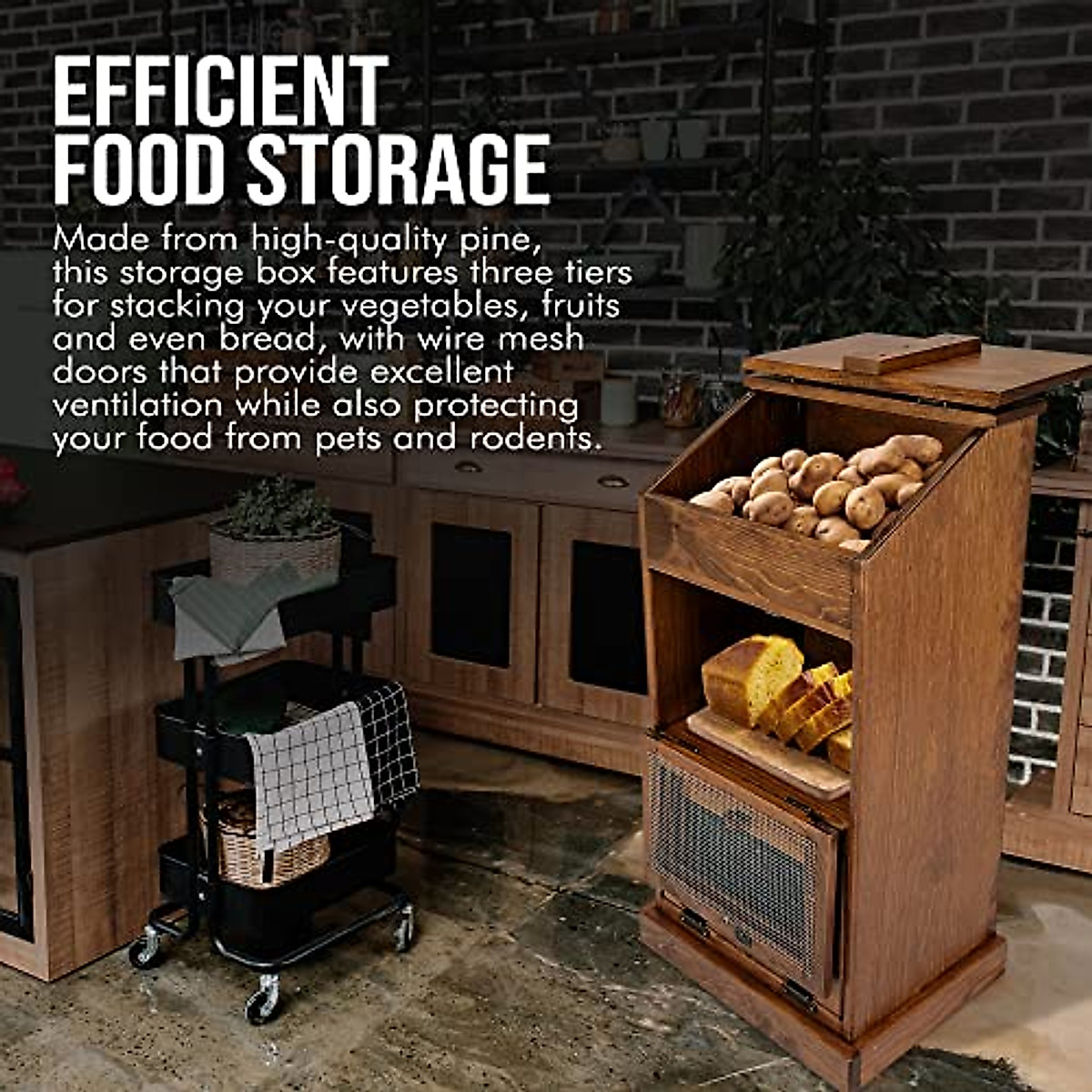 Peaceful Classics Potato Storage Wood Box, Wooden Bread Storage Bins, Decorative Potato and Onion Storage Bin, Potato Bin w/Grocery Section, Wooden Vegetable Storage w/Lid for Kitchen Pantry, Cherry