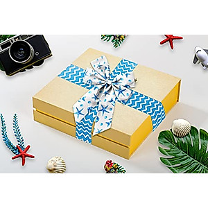 2pcs Summer Fabric Ribbons Summer Sea Ocean Wave Strips Ribbons Marine Animals Starfish Ribbon for Summer Party Gift Wrapping Outdoor Hanging Party Decoration Supplies (2.5 Inch * 5 Yards * 2 Rolls)