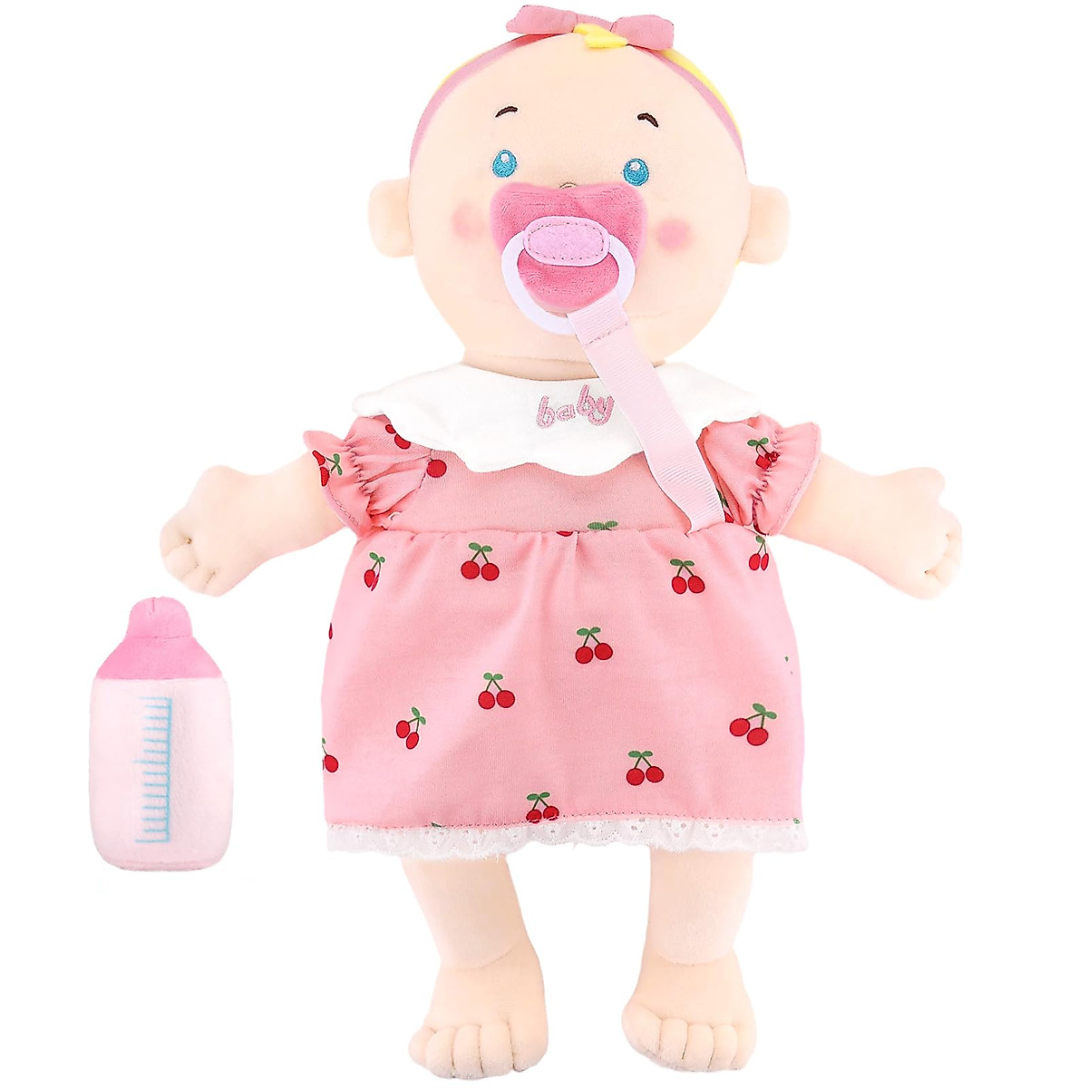 GAGAKU Lovely Baby Doll 12 inch, Soft Plush Doll for Girls Stuffed Huggable Doll Rag Cuddly Doll with Magic Magnetic Pacifier Simulated Baby Bottle for Kids