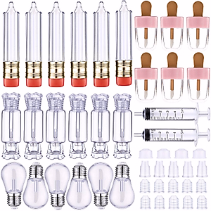 28 Pieces Transparent Empty Lip Gloss Tube Containers, Include 24 Pencil and Candy Shaped Oil Bottles, Ice Cream Funny Light Bulb Balm Tube, 4 Plastic Syringe for Women Girls DIY