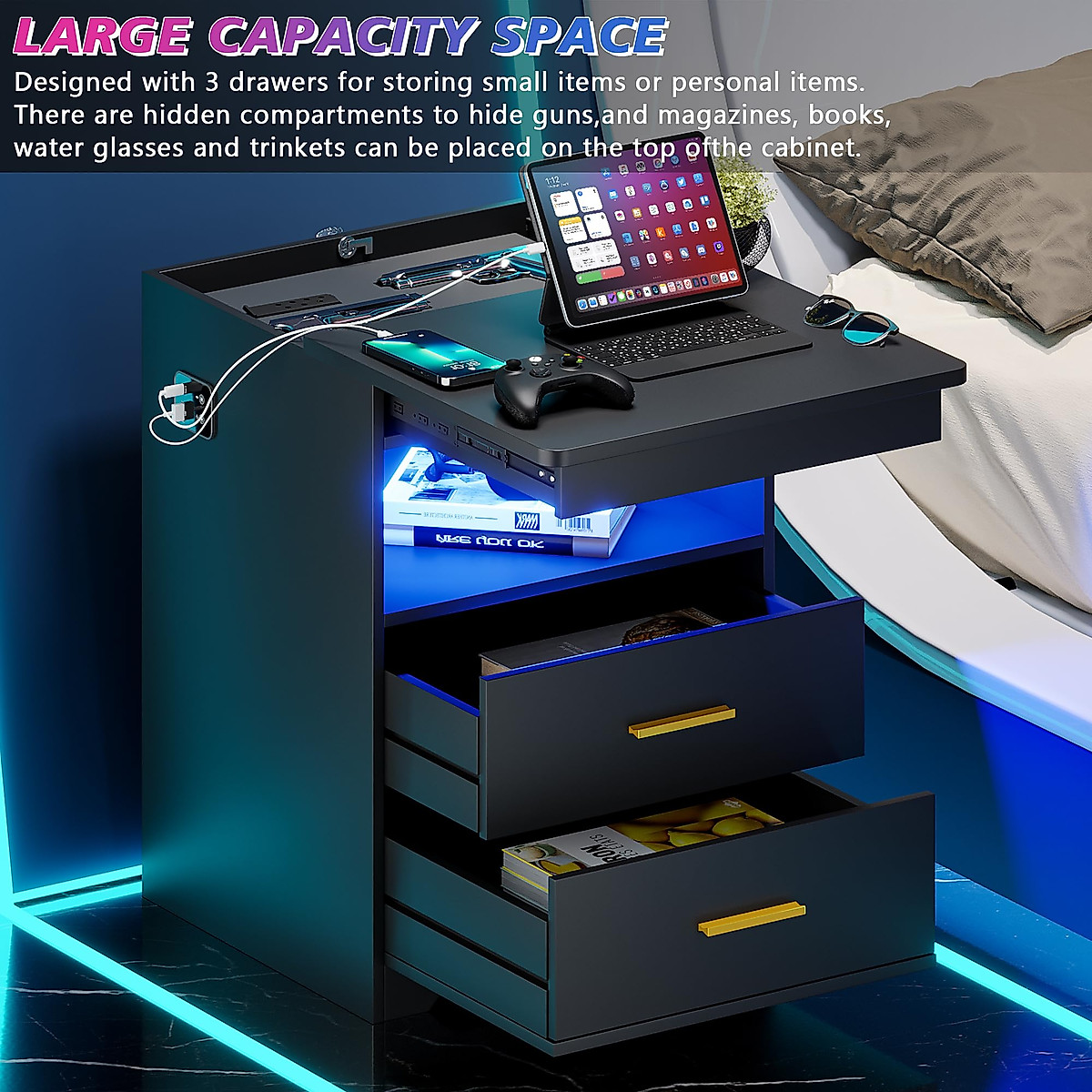 MDGC Nightstand with Lockable Gun Drawer,3 Color Dimmable LED End Table with Charging Station,Bedside Table with Auto Sensor Light,Smart Night Stand with USB-C Ports and 3 Drawers,Bedroom