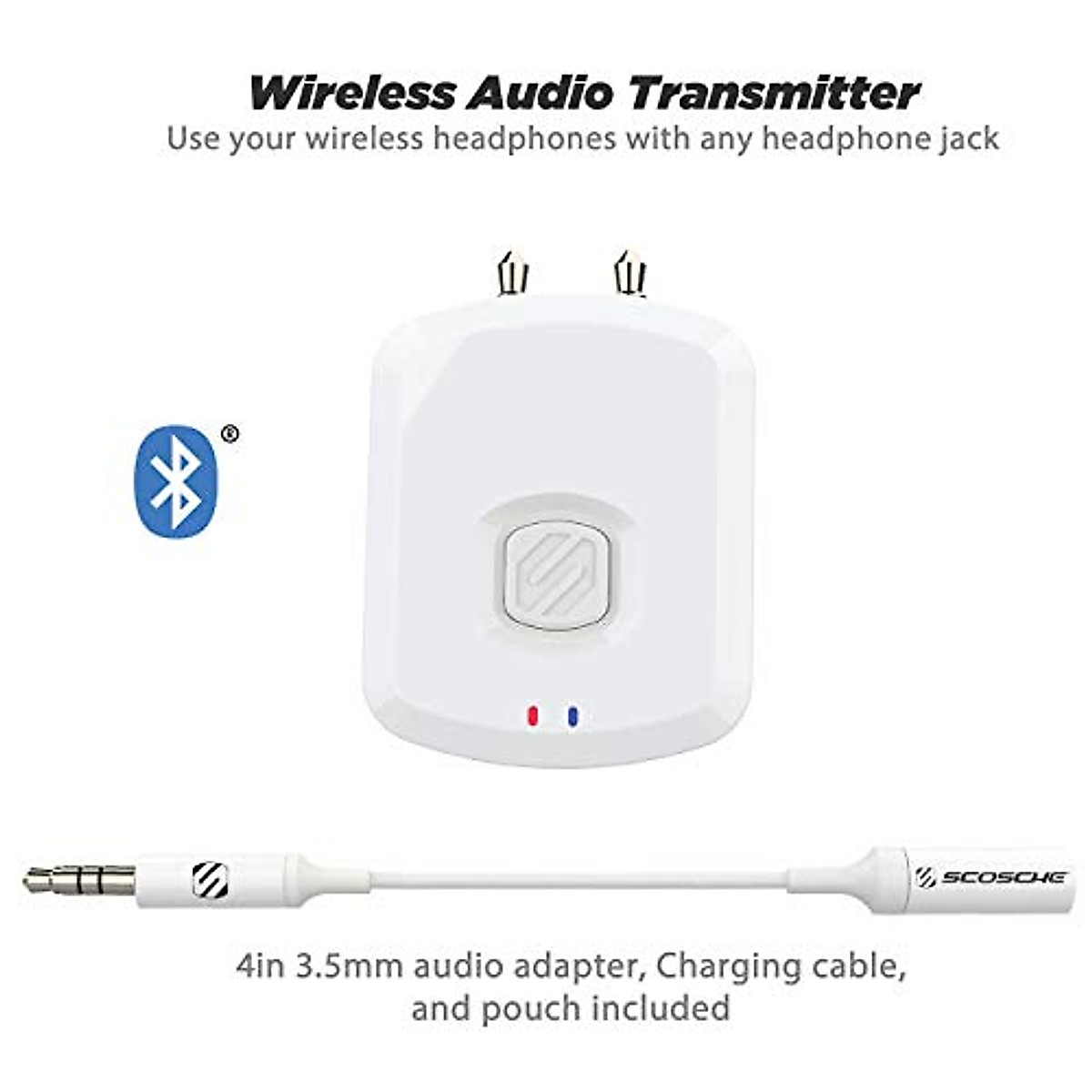 SCOSCHE BTTWT-SP FlyTunes Universal Portable Bluetooth 4.1 Wireless Audio Transmitter for Use with AirPods, Earbuds/Headphones, TV’s and More - White