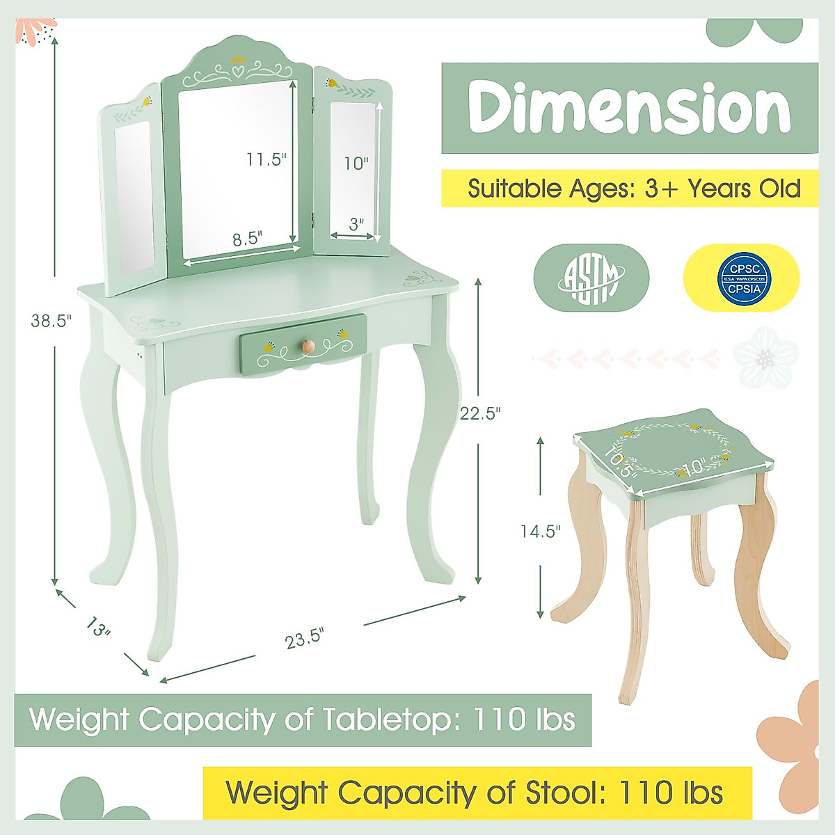 Costzon Kids Vanity Set, 2 in 1 Princess Makeup Dressing Table & Chair Set w/Detachable Tri-fold Mirror, Toddler Vanity with Drawer & Accessories, Pretend Play Vanity Set for Little Girls (Green)