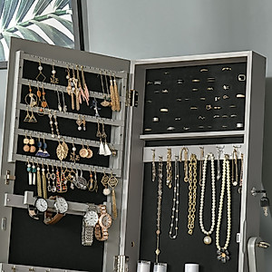 HOMCOM Floor Standing Jewelry Cabinet, Lockable Jewelry Organizer with Full-Length Mirror, and 3 Adjustable Angles, Grey