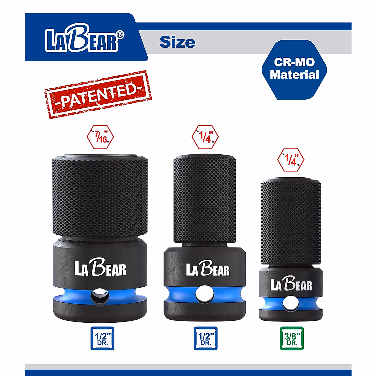 LABEAR TOOL Impact Wrench Adapter, 1/2" Drive Female to 1/4" Hex Converter, Quick Release, Quick Change Chuck, Square to Hex Bit Adapter, Impact Drill Adapter, Cr-Mo Steel Ratchet Wrenches Drivers