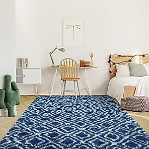 Guucha Soft Plush Fluffy Carpets, 5'x8' Fluffy Rugs, Geometric Moroccan Shaggy Rugs for Living Room Bedroom Nursery Room Kids' Room, White/Blue