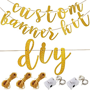 TaoBary 167 Pcs DIY Banner Kit Glitter Customizable Birthday Banner Glitter Make Your Own Banner Kit 162 Letters Symbols and Numbers 2 String Lights 3 Rope for Birthday Wedding(Gold)