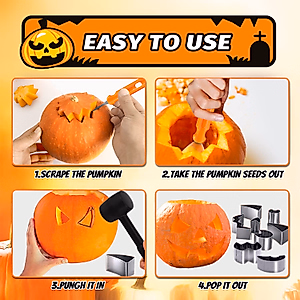 ButyHome 33 PCS Pumpkin Carving Kit, Stainless Steel Tools with Hammer DIY Stencils Pumpkin Carver Kit Carving Set for Halloween Decoration Safe for Kids Adults with 12 Candle Lights