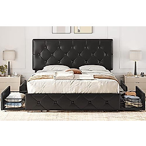 Yaheetech Upholstered Bed Frame with 4 Storage Drawers and Adjustable Headboard, Faux Leather Platform Bed Frame with Mattress Foundation, Strong Wooden Slats Support, No Box Spring Needed, Black-Full