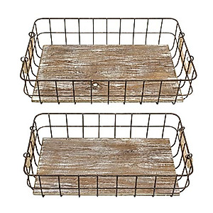 Stonebriar Stackable 2pc Rectangle Metal Wire and Wood Basket Set with Rope Wrapped Handles, Rustic Decor for Home Storage, Decorative Serving Baskets for Weddings, Birthdays, and Holiday Parties