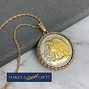 American Coin Treasures Coin Pendant Necklace Walking Liberty Half Dollar– United States Genuine Coin | Eagle Reverse Side| Goldtone 24 Inch Rope Chain | Certificate of Authenticity
