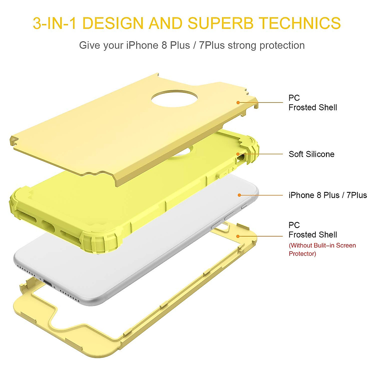 BENTOBEN Case for iPhone 8 Plus/iPhone 7 Plus, 3 in 1 Hybrid Hard PC Soft Rubber Heavy Duty Rugged Bumper Shockproof Anti Slip Full-Body Protective Phone Cover for iPhone 8 Plus/7 Plus, Yellow Lemon