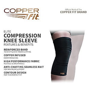Copper Fit Elite Knee Compression Sleeve Knee Brace, Black (Large/X-Large 16"-20") | One Knee Sleeve Included