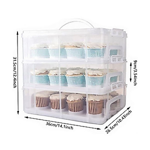 3 Tier Cupcake Carrier with Lid,Holds 36 Cupcakes or 3 Large Cakes Food Transporter Container with 3 Tier Stackable Layer Insert