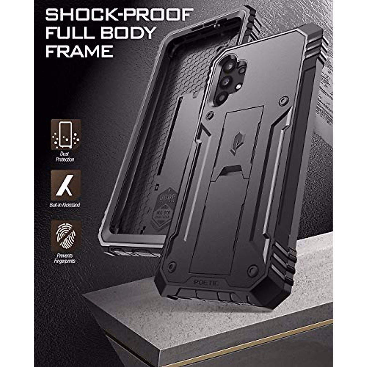 Poetic Revolution Series Case for Samsung Galaxy A32 5G, Full-Body Rugged Dual-Layer Shockproof Protective Cover with Kickstand and Built-in-Screen Protector, Black