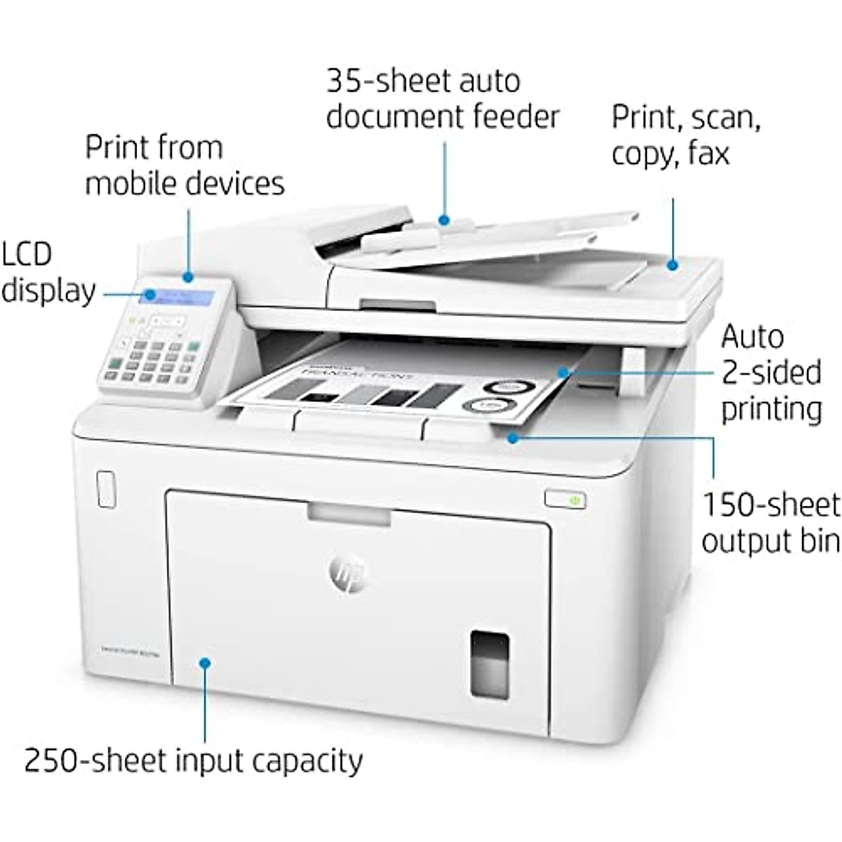 HP Laserjet Pro MFP M227fdn All-in-One NFC Ethernet Monochrome Laser Printer, White - Print Scan Copy Fax - 30 ppm, 1200 x 1200 dpi, 8.5 x 14, 35-Sheet ADF, Auto 2-Sided Printing, Cbmou Printer Cable