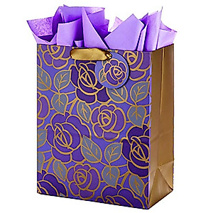 Hallmark 13" Large Gift Bag with Tissue Paper (Purple Flowers, Gold Accents) for Birthdays, Mother's Day, Bridal Showers, Weddings, Retirements, Anniversaries, Engagements, Any Occasion