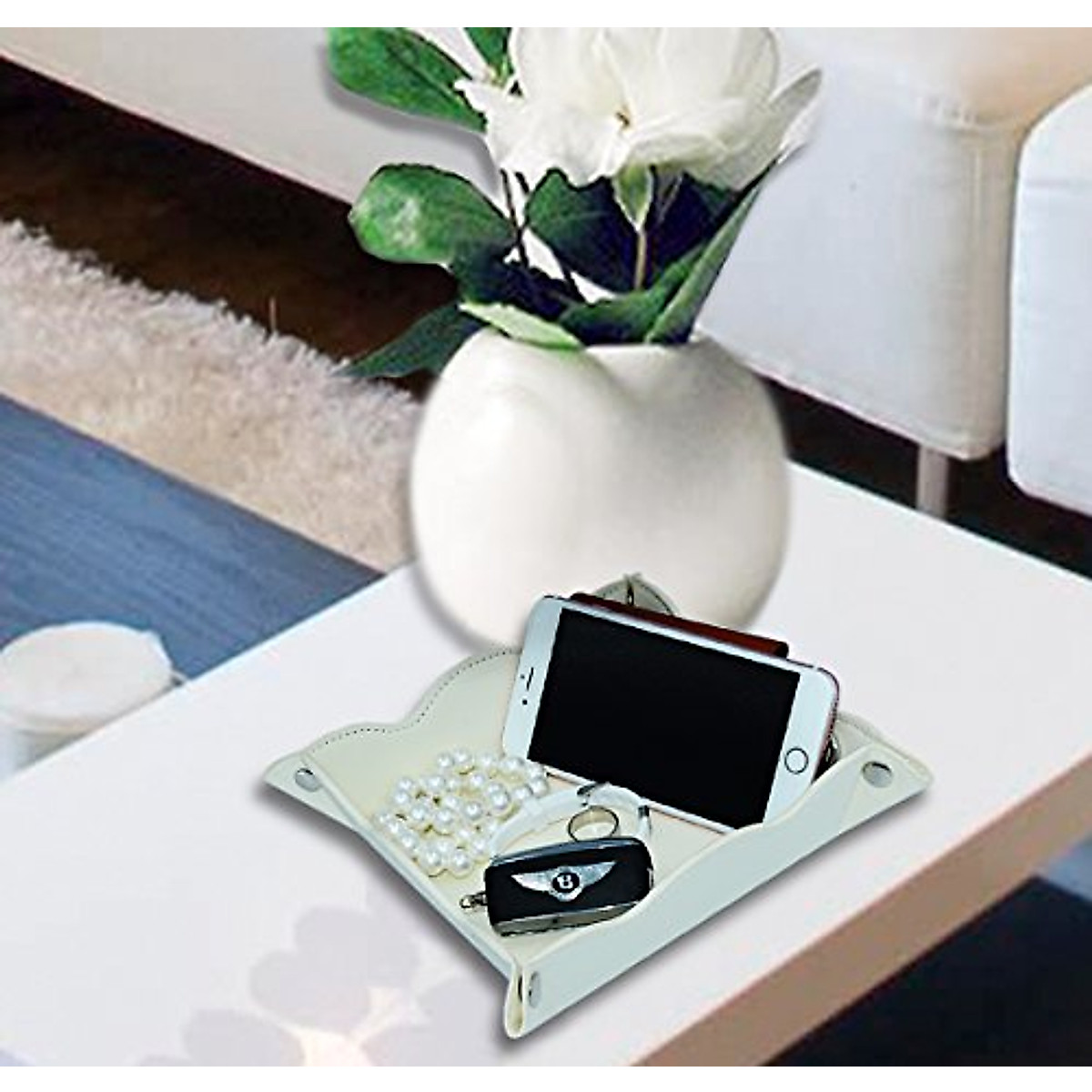 LISRSC Leather Valet Tray for Women,Trinket Jewelry Cosmetic Organizer Catchall Tray for Desk Dresser Nightstand (Off-White)