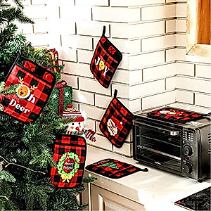 6 Pcs Red and Black Buffalo Plaid Pot Holders Heat Resistant Christmas Potholders with Pocket Reusable Oven Mitts Christmas Hot Pads for Kitchen Decoration Cooking Baking BBQ (Snowman)