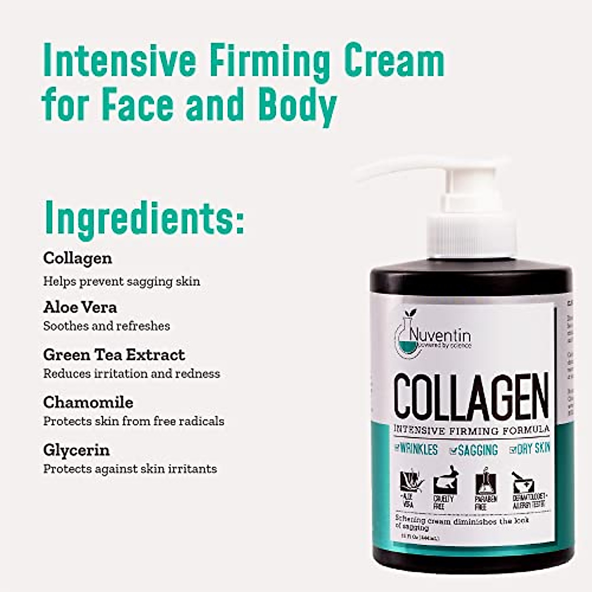 Nuventin Collagen Firming Cream Dry Skin Rescue Moisturizer Lotion W/Aloe Vera & Green Tea. Skin Care Anti Aging Collagen Face & Body Lotion For Wrinkle Repair, Sagging Skin, & Dry Skin, 15 Fl Oz